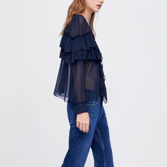 Zara | Tops | Zara Navy Blue Ruffled Blouse | Poshmark
